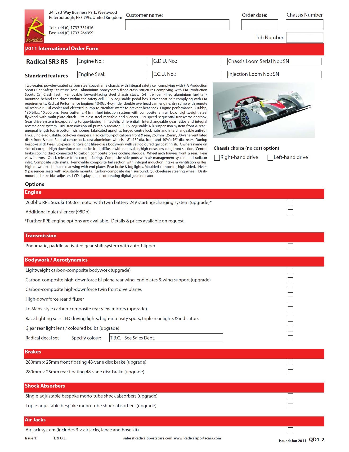 Option Lists / Order Sheets – Radical Sportscar Registry
